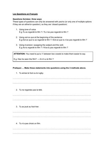 Les Questions en Français | Teaching Resources