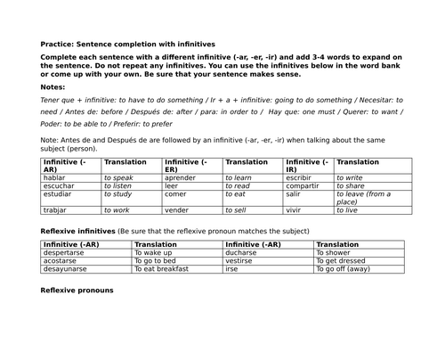 Practice: Sentence completion with infinitives | Teaching Resources
