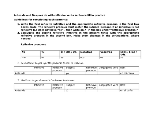 Antes de and Después de with reflexive verbs sentence fill in practice ...
