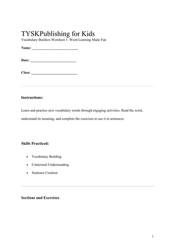 Vocabulary Builders Worsheet 1: Word Learning Made Fun | Teaching Resources
