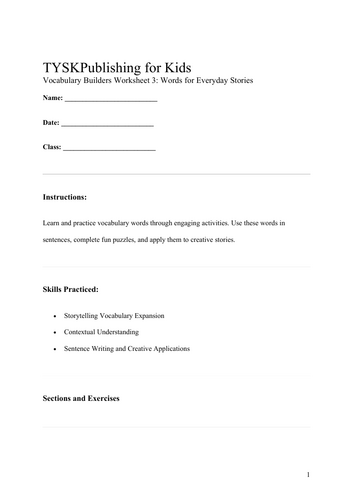 Vocabulary Builders Worksheet 3: Words for Everyday Stories | Teaching ...