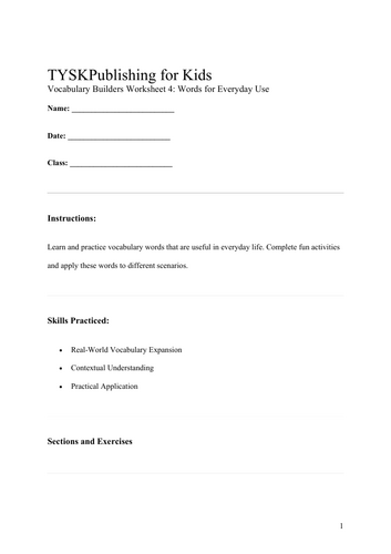 Vocabulary Builders Worksheet 4: Words for Everyday Use | Teaching ...