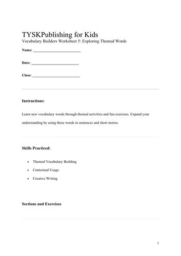 Vocabulary Builders Worksheet 5: Exploring Themed Words | Teaching ...