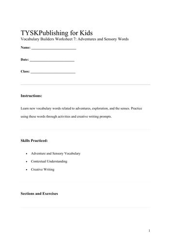 Vocabulary Builders Worksheet 7: Adventures and Sensory Words ...