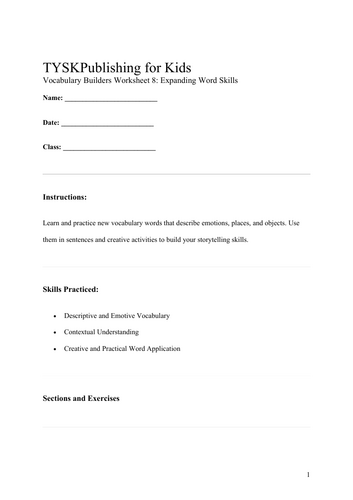 Vocabulary Builders Worksheet 8: Expanding Word Skills | Teaching Resources