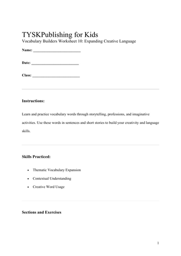 Vocabulary Builders Worksheet 10: Expanding Creative Language ...