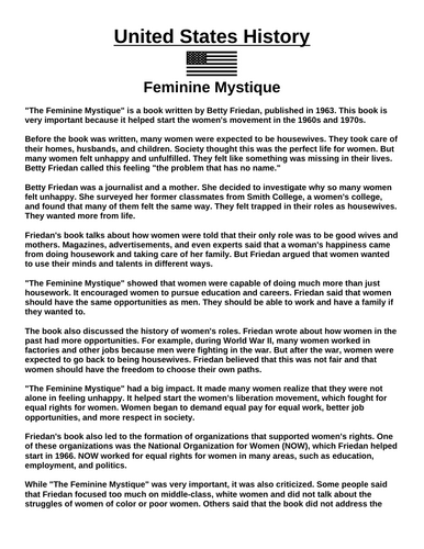 Feminine Mystique “Article & Questions” Assignment | Teaching Resources
