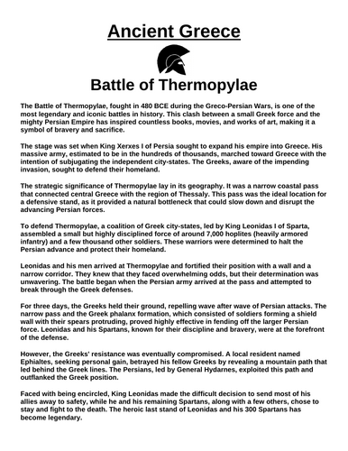Battle of Thermopylae “Article & Questions” Assignment (ANCIENT GREECE ...