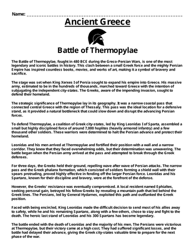 Battle of Thermopylae “Article & Questions” Assignment (ANCIENT GREECE ...