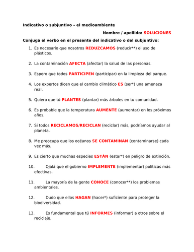 Indicativo o subjuntivo - medioambiente / Environment Spanish ...