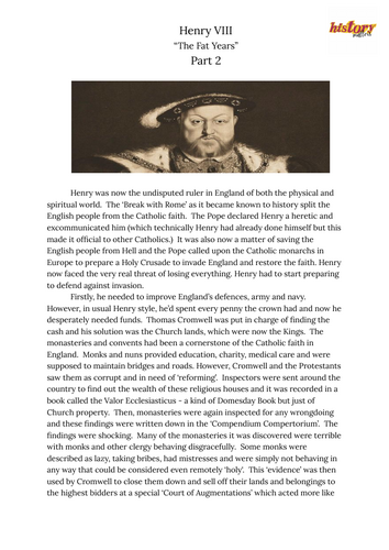 Tudors - Henry VIII Part 2 | Teaching Resources
