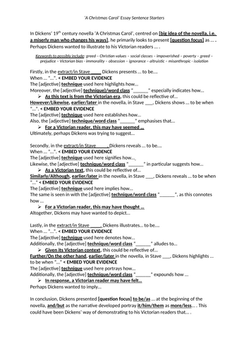 A Christmas Carol Essay Plan (Sentence Starters) | Teaching Resources