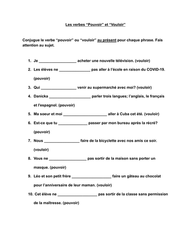 FRENCH - Les verbes pouvoir et vouloir (Worksheet verbs pouvoir and ...