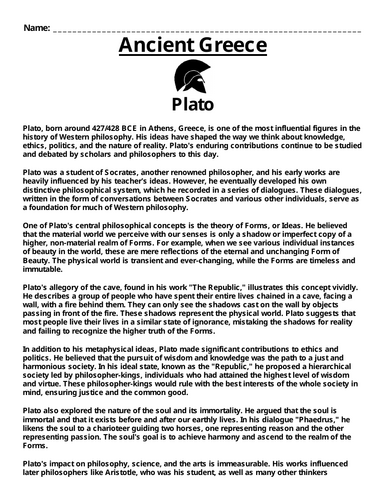 Plato “Article & Questions” Assignment (ANCIENT GREECE) | Teaching ...