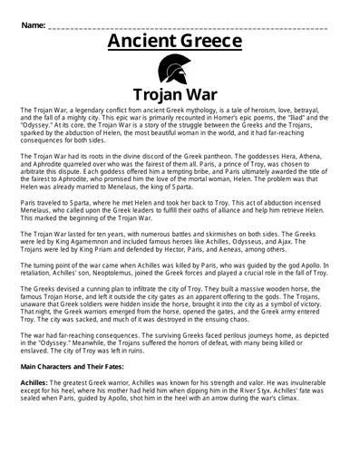 Trojan War “Article & Questions” Assignment (ANCIENT GREECE) | Teaching ...