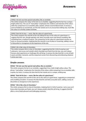Explaining and Analysing Similes – 10 Do Now Worksheets for GCSE ...