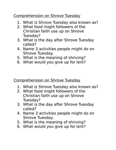 Shrove Tuesday 2 page fact sheet, PowerPoint, vocab & Comprehension ...