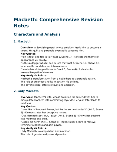 AQA Macbeth, Themes and Model Answer and Detailed Character Analysis | Teaching Resources