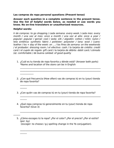 Las compras de ropa personal questions (Present tense) | Teaching Resources