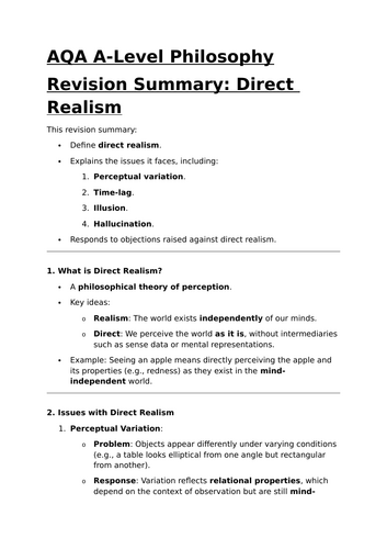 Direct Realism Revision Summary - AQA A-Level Philosophy Revision ...