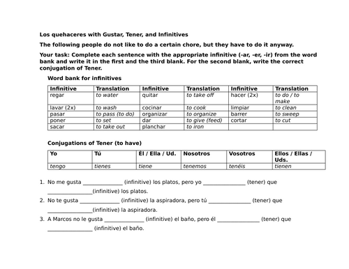 Los quehaceres with Gustar, Tener, and Infinitives | Teaching Resources
