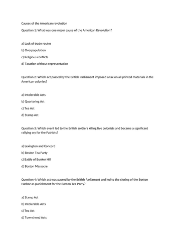 Causes of American Revolution Quiz and Answers | Teaching Resources