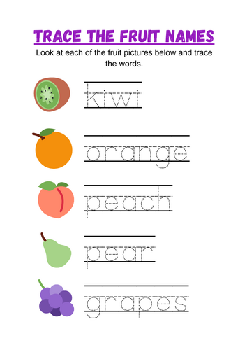 FRUITS NAME TRACING WORKSHEETS FOR KINDERGARTEN | Teaching Resources