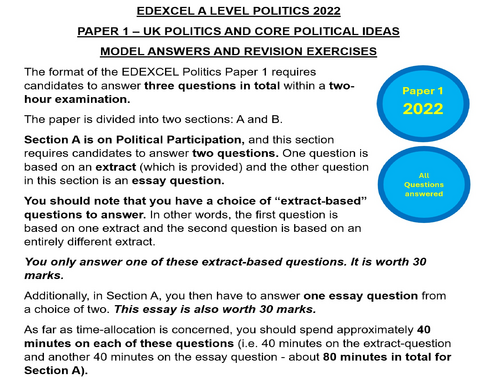 EDEXCEL A Level Politics Model Answers - Full Papers - Paper 1 - 2022 - Student Handout ...