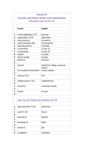 GCSE French Vocab Theme 3: Current and Future Study and Employment ...