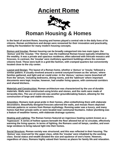 Roman Housing & Homes “Article & Questions” Assignment (ANCIENT ROME ...