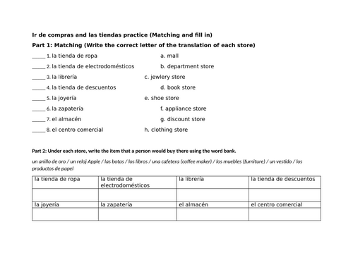 Ir de compras and las tiendas practice (Matching and fill in ...