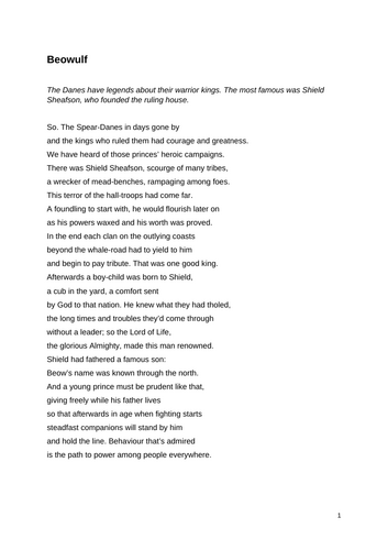 FULL Beowulf KS3 Scheme of Work (Seamus Heaney) | Teaching Resources