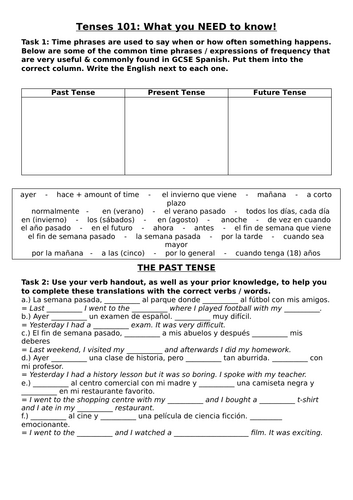 Tenses & Time Phrases Worksheet (Spanish) | Teaching Resources