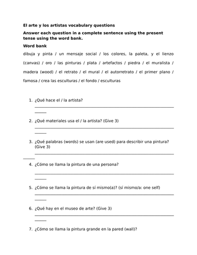 El arte y los artistas vocabulary questions | Teaching Resources