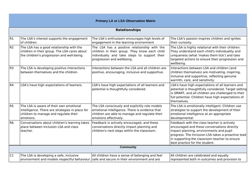 LA or LSA Lesson or Intervention Observation Matrix | Teaching Resources
