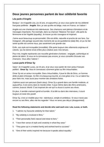 Talking about celebrity culture (GCSE French) | Teaching Resources