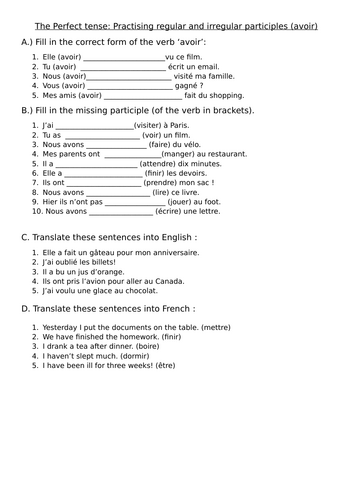 worksheet - French perfect tense -avoir with regular and irregular ...
