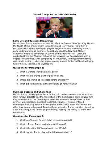 Donald Trump Reading Comprehension | Teaching Resources