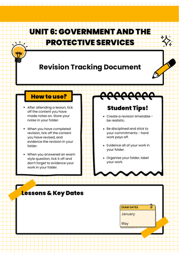 Unit 6 Government and the PS Revision Tracking Document | Teaching ...
