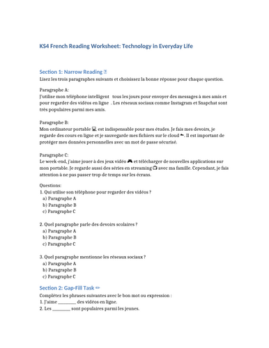 KS4 French Resource Pack: Technology in Everyday Life (Reading ...