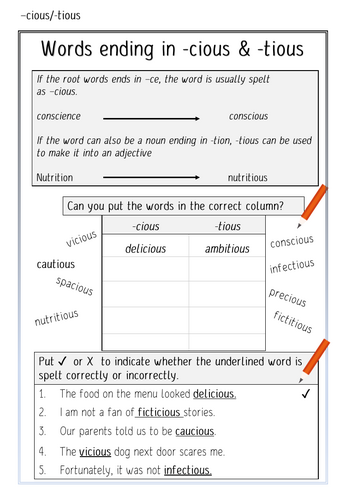 Differentiated spelling worksheets (cious/tious & cial/tial ...