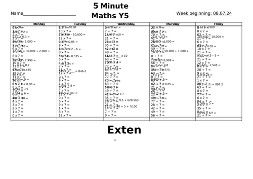 Minute Maths - Year 5 (Y5) daily arithmetic starter Summer FULL TERM ...