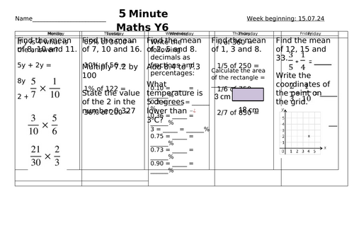 Minute Maths - Year 6 (Y6) daily arithmetic starter Summer FULL TERM ...