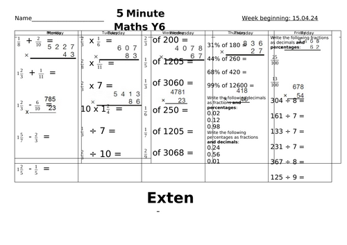 Minute Maths - Year 6 (Y6) daily arithmetic starter Summer FULL TERM ...