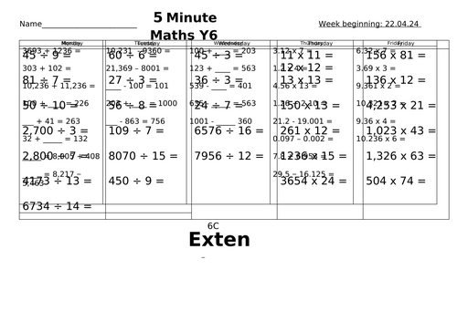Minute Maths - Year 6 (Y6) daily arithmetic starter Summer FULL TERM ...