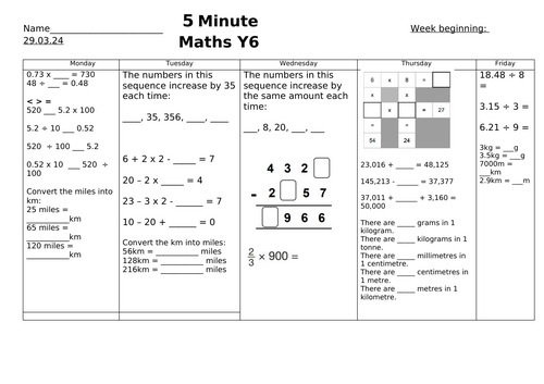 Minute Maths - Year 6 (Y6) daily arithmetic starter Summer FULL TERM ...