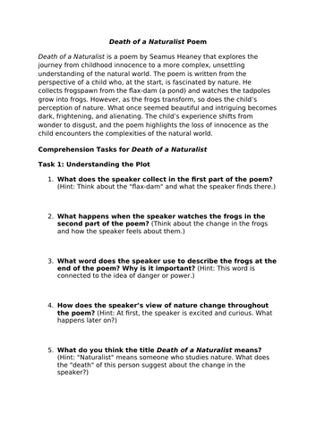 Eduqas WJEC Death of a Naturalist by Seamus Heaney Tasks | Teaching ...