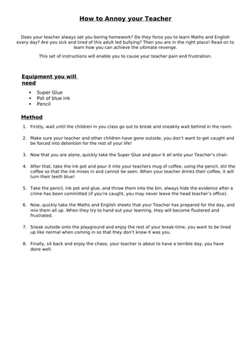 Instruction Writing - How to Annoy your Teacher | Teaching Resources