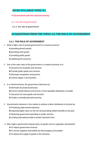 YEAR 11 TOPIC-WISE CAMBRIDGE ECONOMICS MCQS- TOPIC 4 (Government and ...