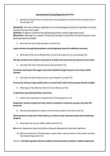 Characteristics of Living Organisms KS3/KS4 | Teaching Resources